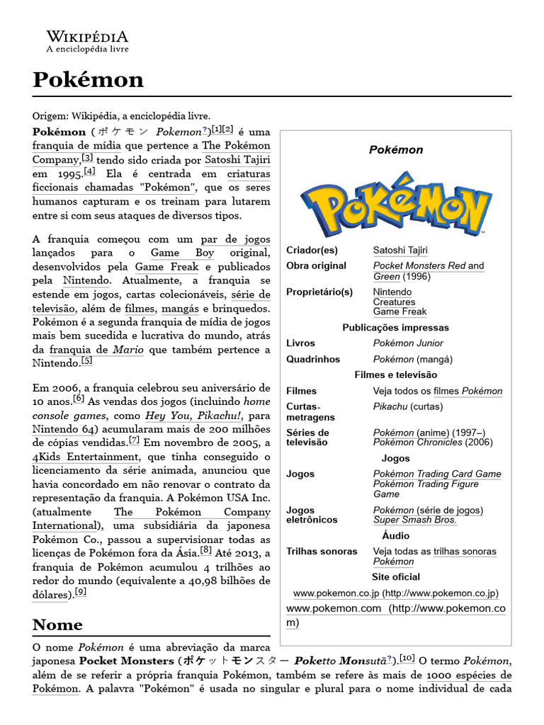 Pokémon – Wikipédia, a enciclopédia livre | PDF | Pokémon | Gameplay de ...