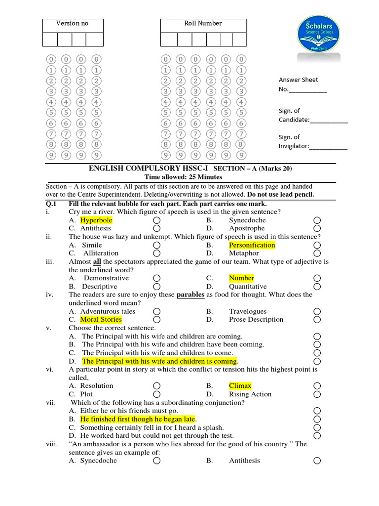 English Send Up HSSC I 2024 Rubrics | PDF | Verb | Semantic Units