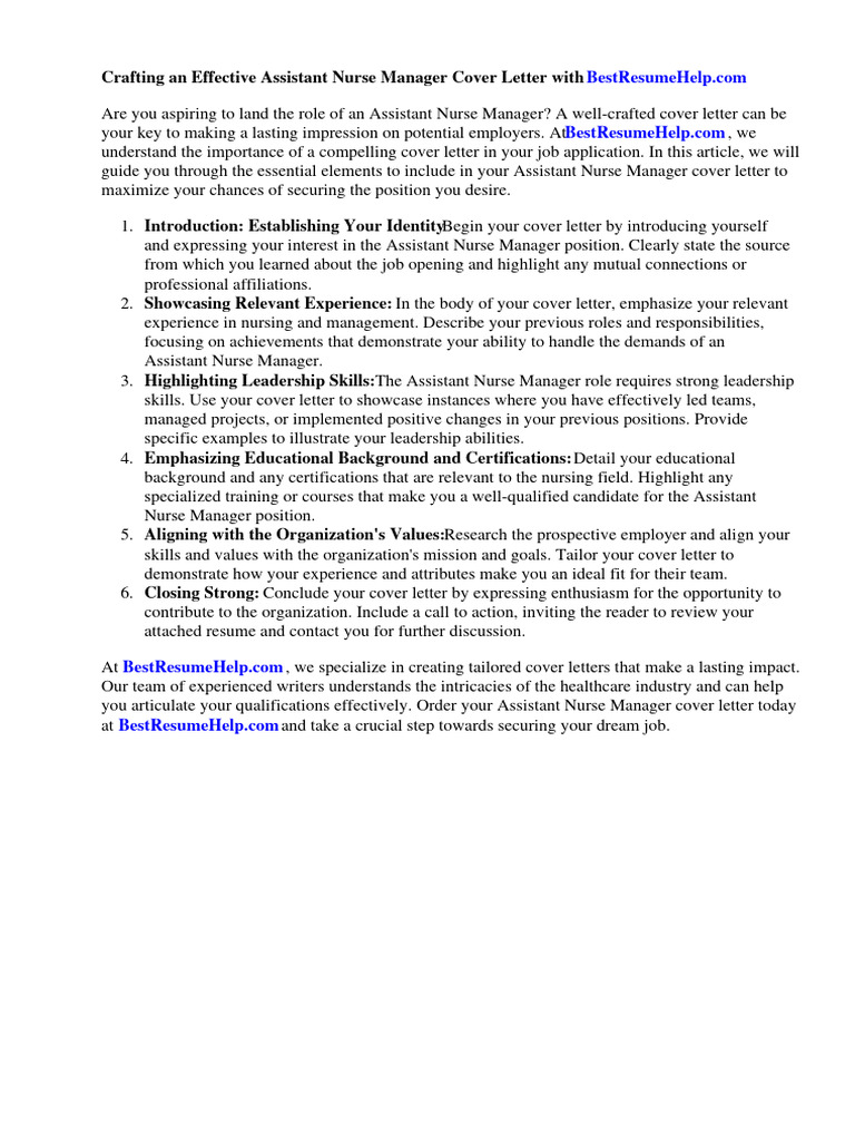 Assistant Nurse Manager Cover Letter Guide | PDF | Nursing | Résumé