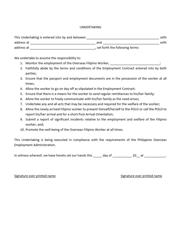Employer's Undertaking for OFW Welfare | PDF | Finance & Money Management