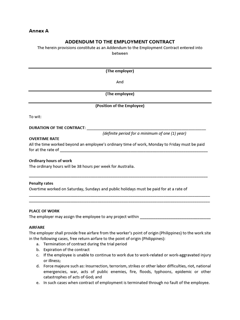 Addendum To The Employment Contract | PDF | Employment | Overtime