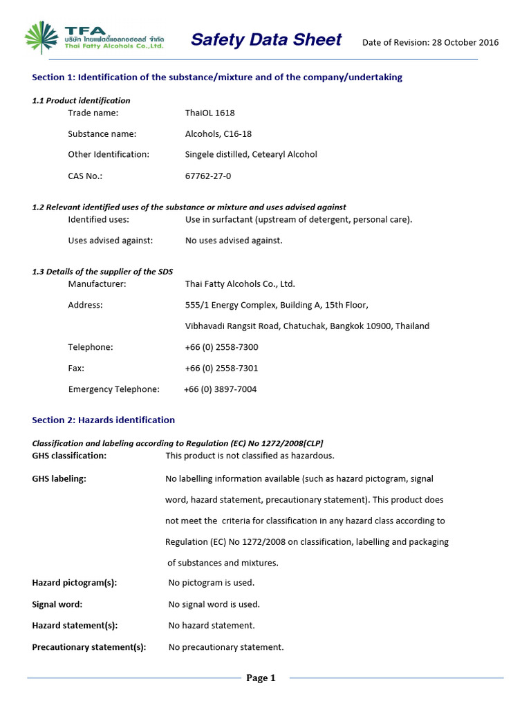 ThaiOL 1618 Safety Data Sheet | PDF | Dangerous Goods | Toxicity