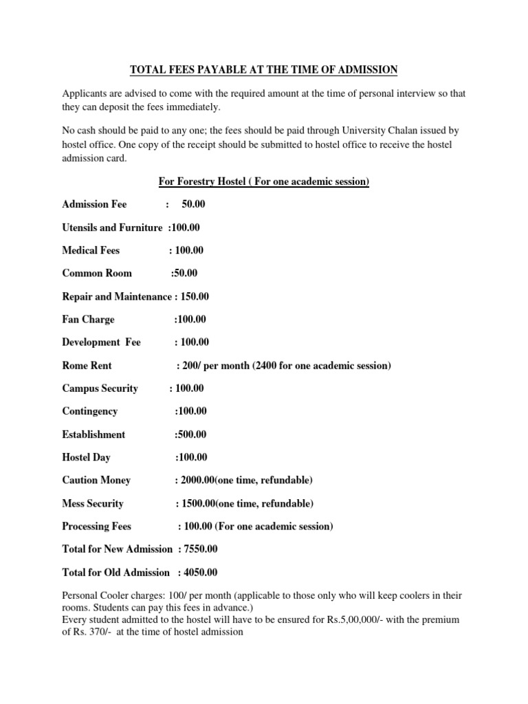 Hostel Fee Structure for Admission | PDF | Fee | Payments