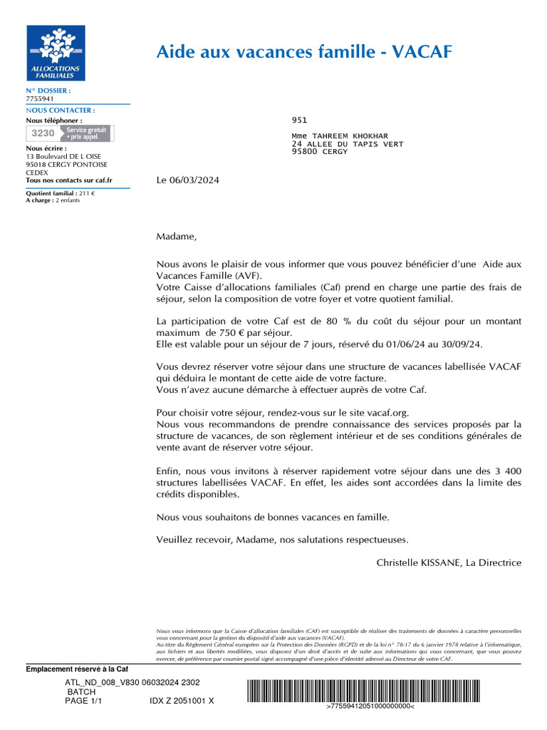 Aide aux Vacances Famille VACAF 2024 | PDF
