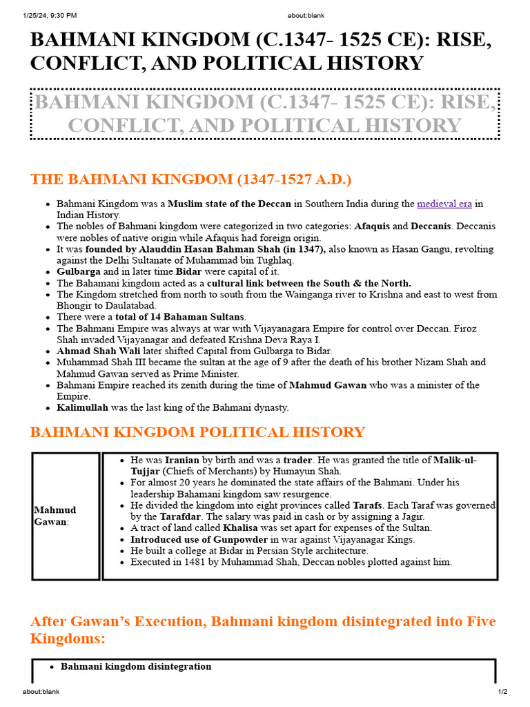 BAHMANI KINGDOM (C.1347-1525 CE) : RISE, Conflict, and Political ...