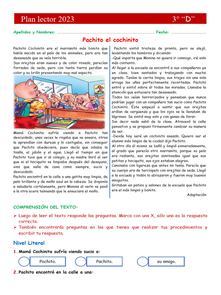 Pachito, el cochinito aseado | PDF | Artes del Lenguaje y Comunicación ...