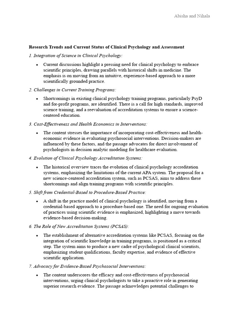 Research Trends and Current Status of Clinical Psychology and Assessment - Abisha and Nihala ...