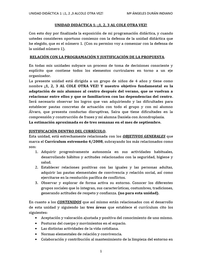 U 1 ¡1 2 3 Al Cole Otra Vez Descargar Gratis Pdf Plan De