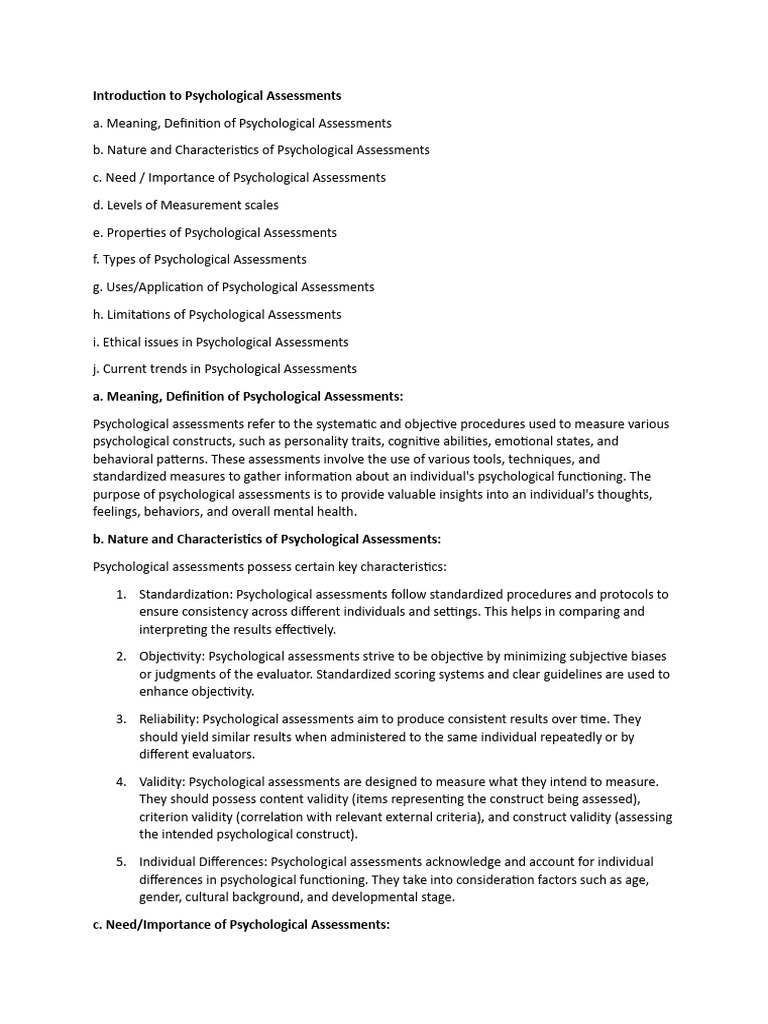 Introduction To Psychological Assessments and Assessment of Cognitive ...
