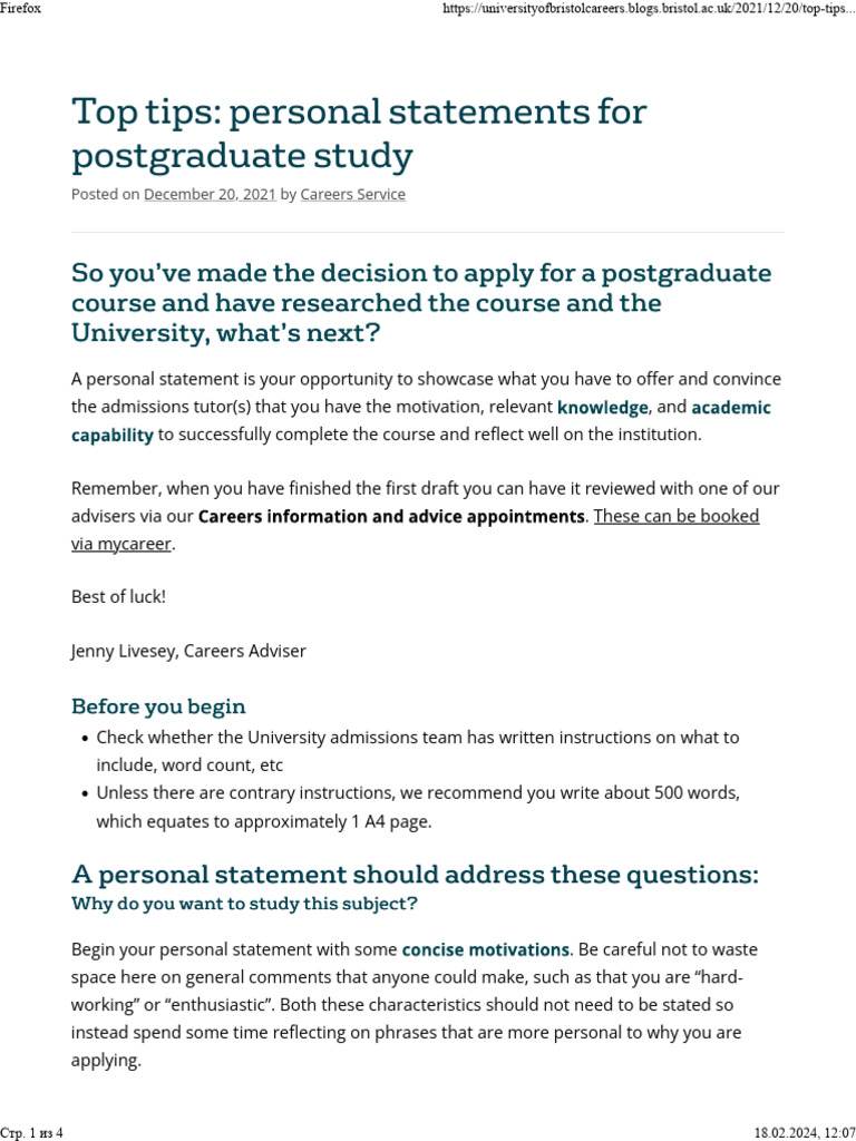 Top Tips Personal Statements For Postgraduate Study - Careers Service ...
