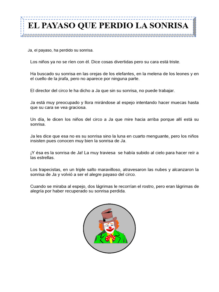 El Payaso Que Perdió La Sonrisa para Primero de Primaria | PDF