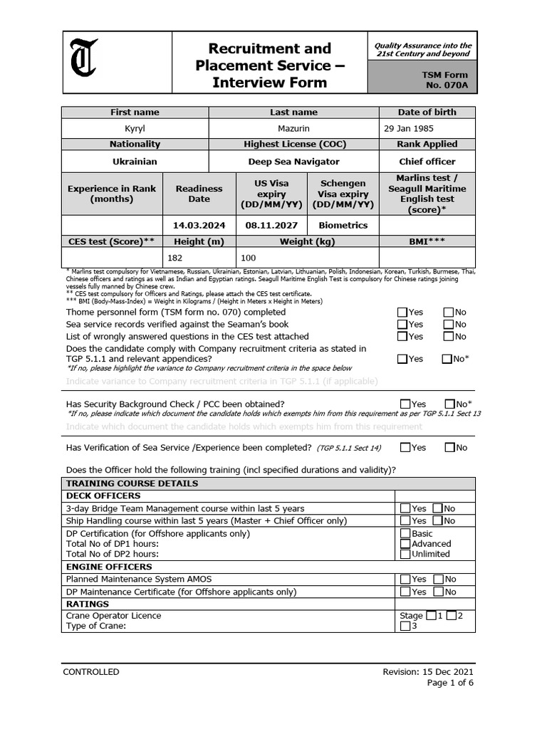 TSM Form 070A - RPS Interview Form - Rev 15 Dec 2021 | PDF | Transport ...
