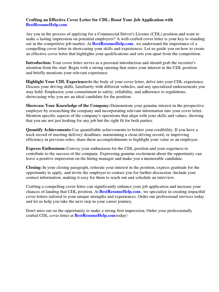 Cover Letter For CDL Driver | PDF | Truck Driver