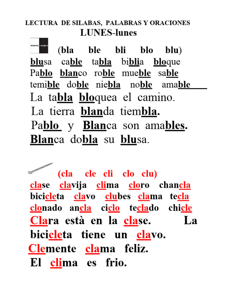 Palabras y oraciones con silabas compuestas | PDF