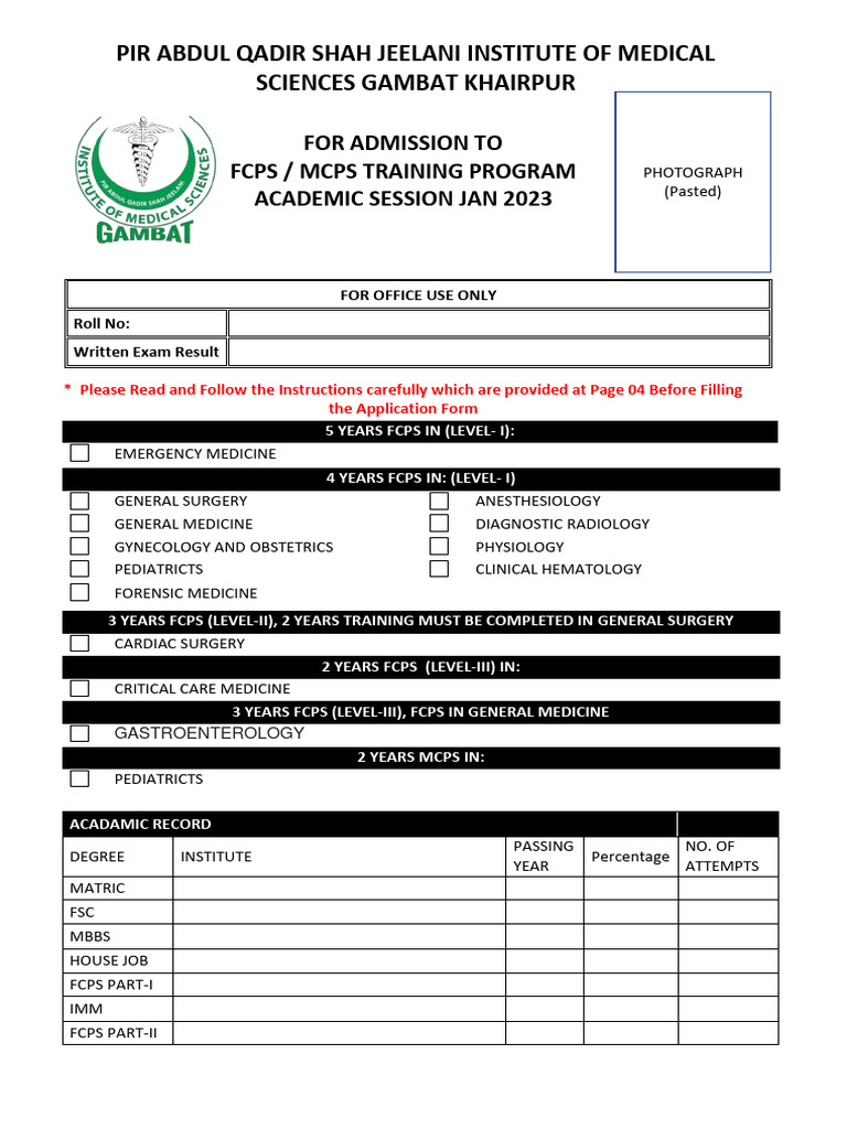 Admission Form CPSP Jan-2023 | PDF | Residency (Medicine) | Medicine