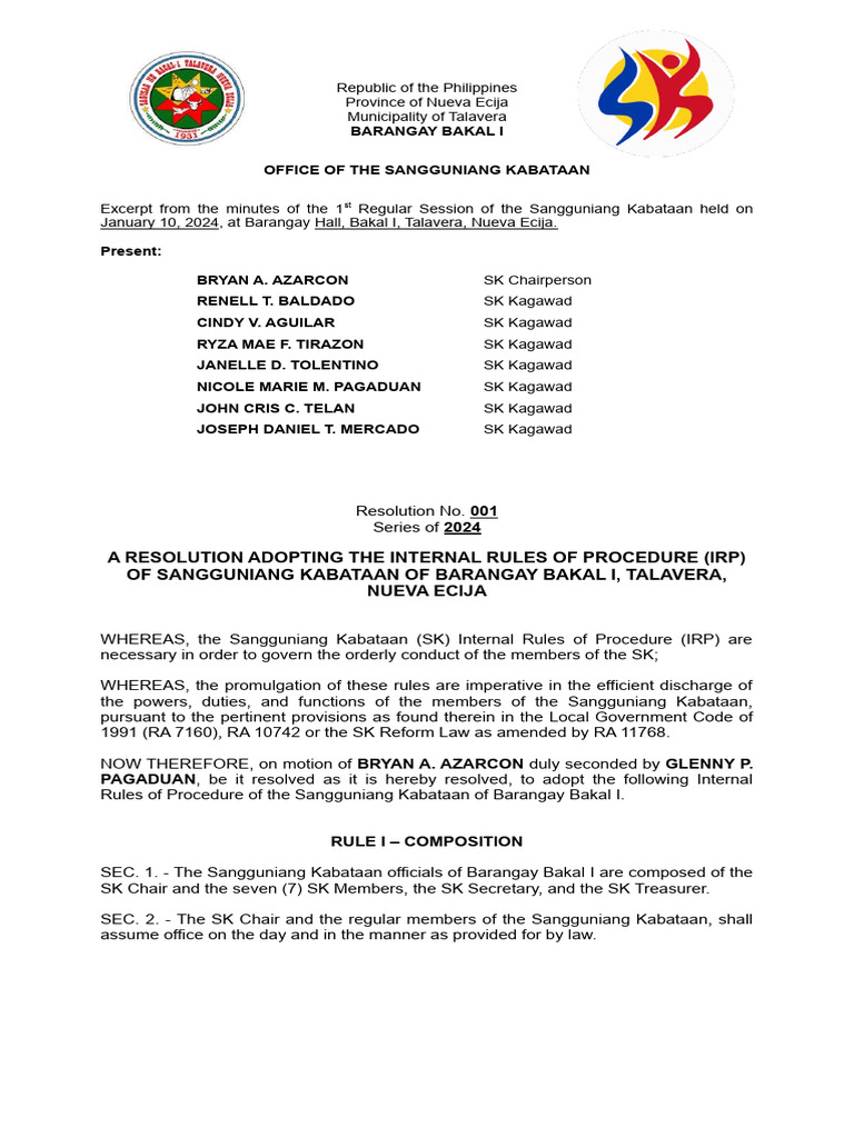 SK Resolution No. 001-IRP | PDF | Quorum | Poverty