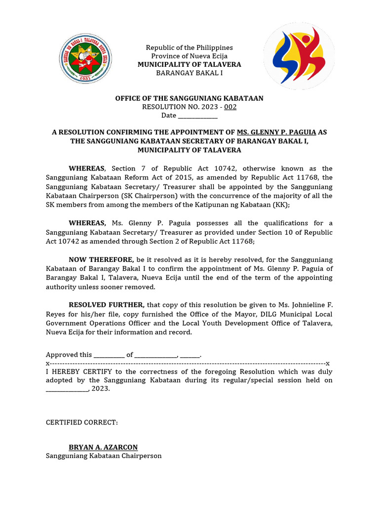 SK Resolution No. 002 - Appointment-of-SK-Sec | PDF | Youth ...