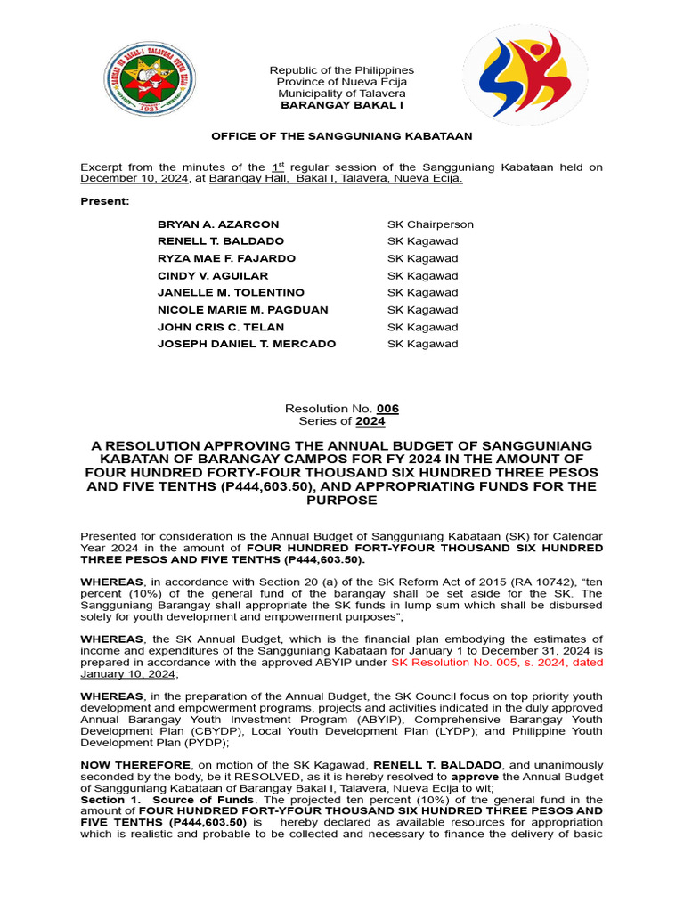 SK Resolution No. 006-Annual Budget 2024 | PDF | Economies | Government