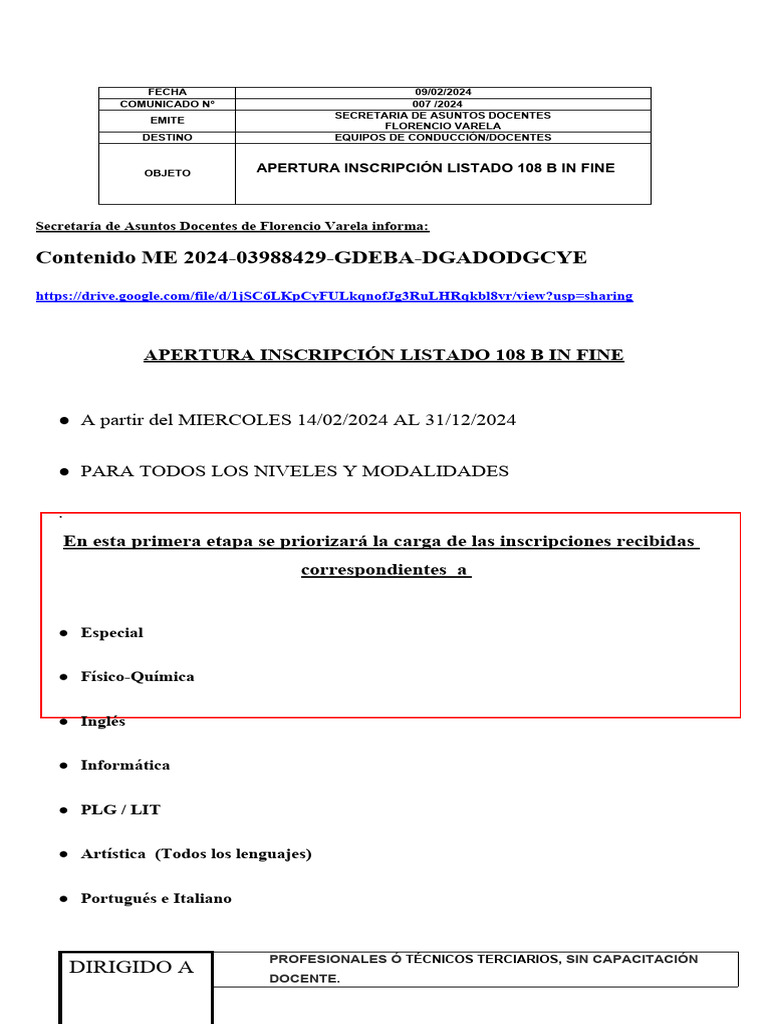 Comunicado.n°007.inscripcion - Listado 108 .B in Fine 2024 | PDF
