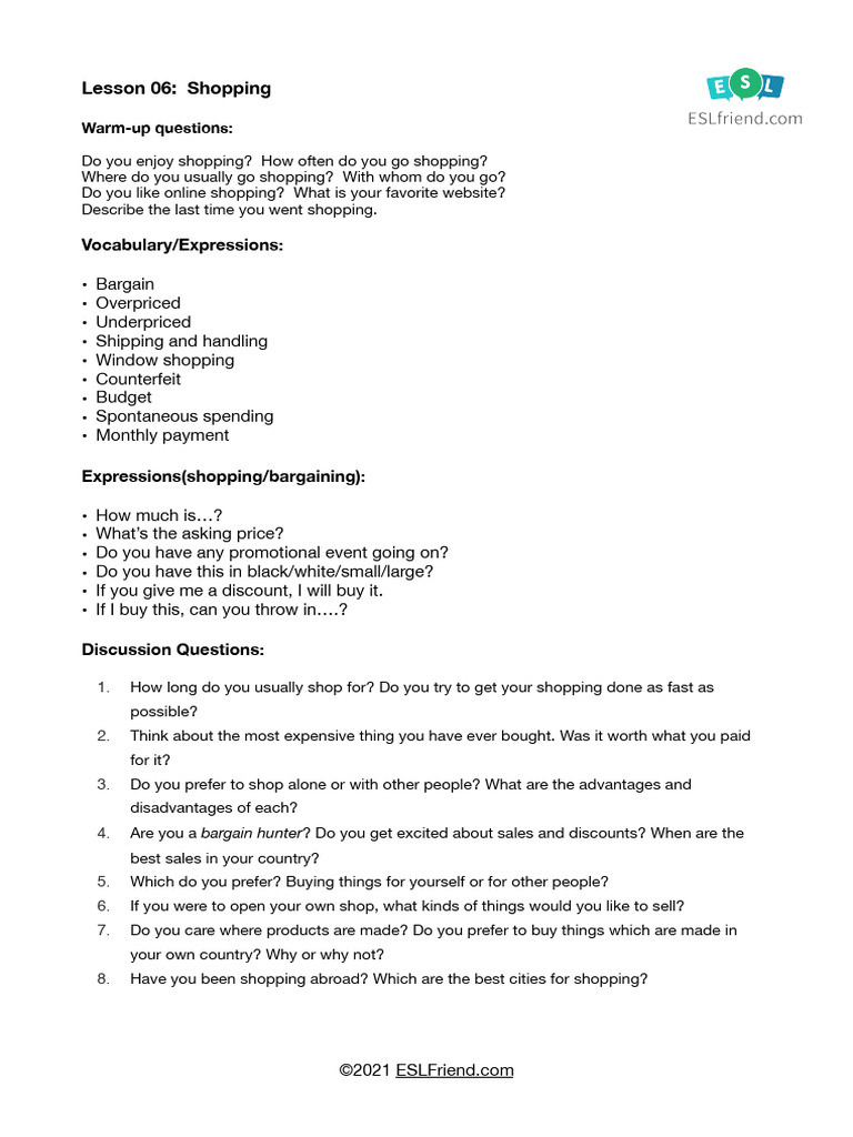 Shopping Vocabulary & Discussion | PDF | Self-Improvement