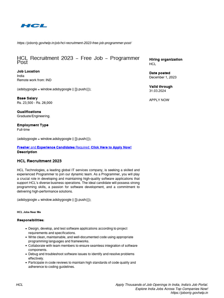 HCL HCL Recruitment 2023 Free Job Programmer Post December 1 2023 | PDF | Computer Programming ...
