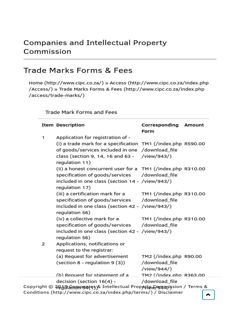 CIPC - Trade Marks Forms & Fees | PDF | Trademark