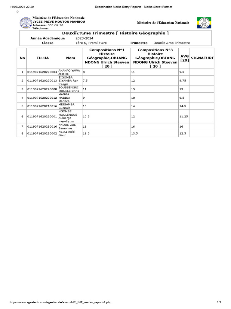 Examination Marks Entry Reports - Marks Sheet Format | PDF