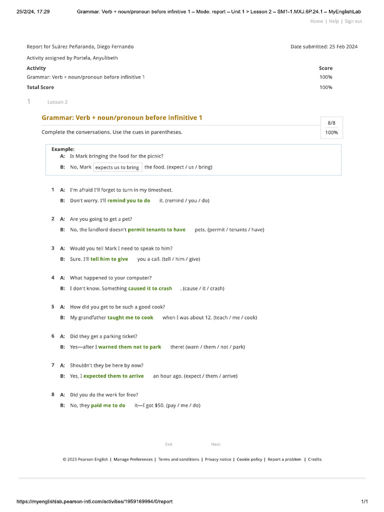 Grammar Verb + Noun Pronoun Before Infinitive 1 | PDF