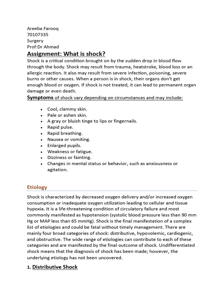 Shock assignment | PDF | Shock (Circulatory) | Heart