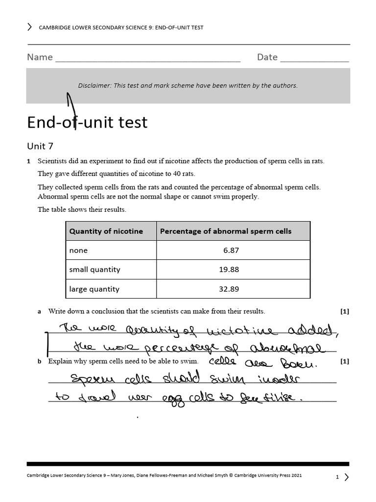 S9 - End of Unit 7 Test | PDF | Heredity | Sperm