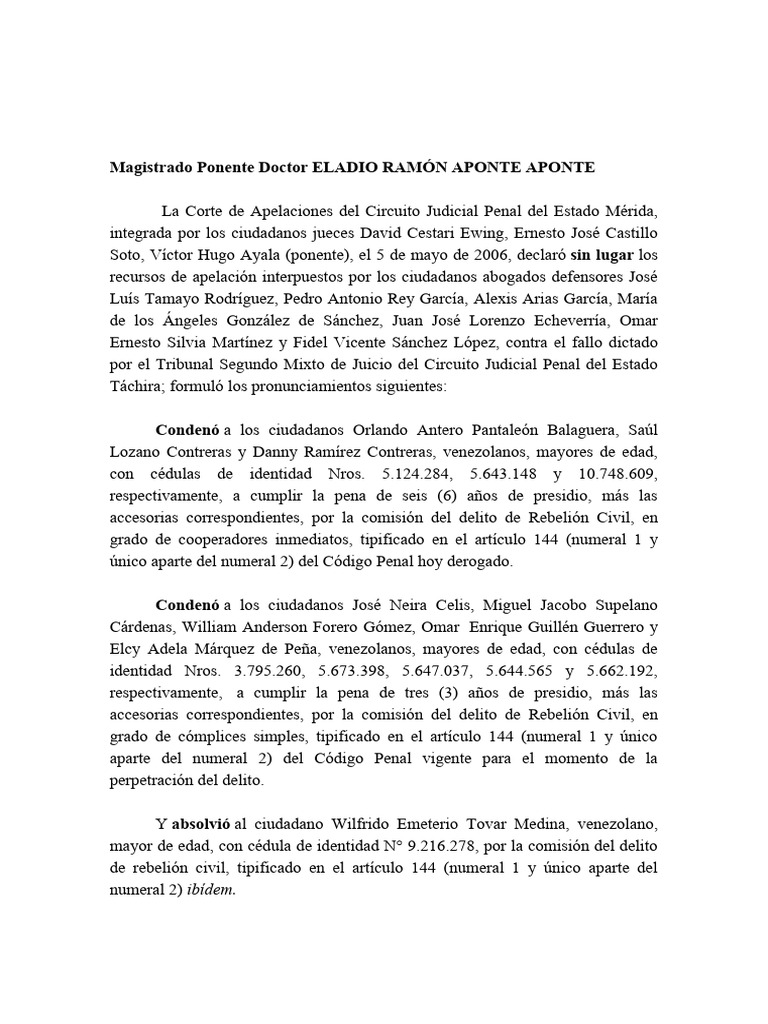 Magistrado Ponente Doctor ELADIO RAMÓN APONTE APONTE | PDF | Sentencia ...