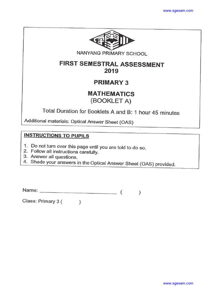 2019 P3 Math SA1 Nanyang | PDF