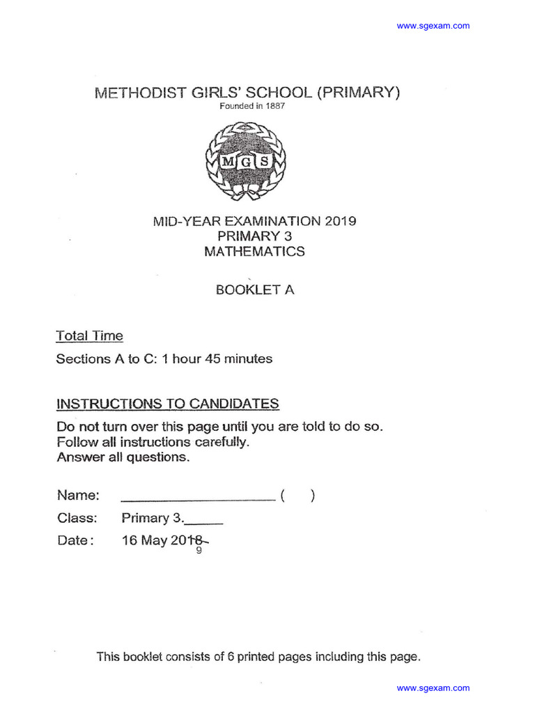 2019 P3 Math SA1 MGS | PDF