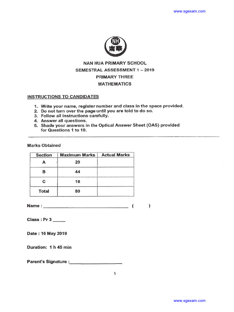 2019-P3-Math-SA1-Nan Hua | PDF