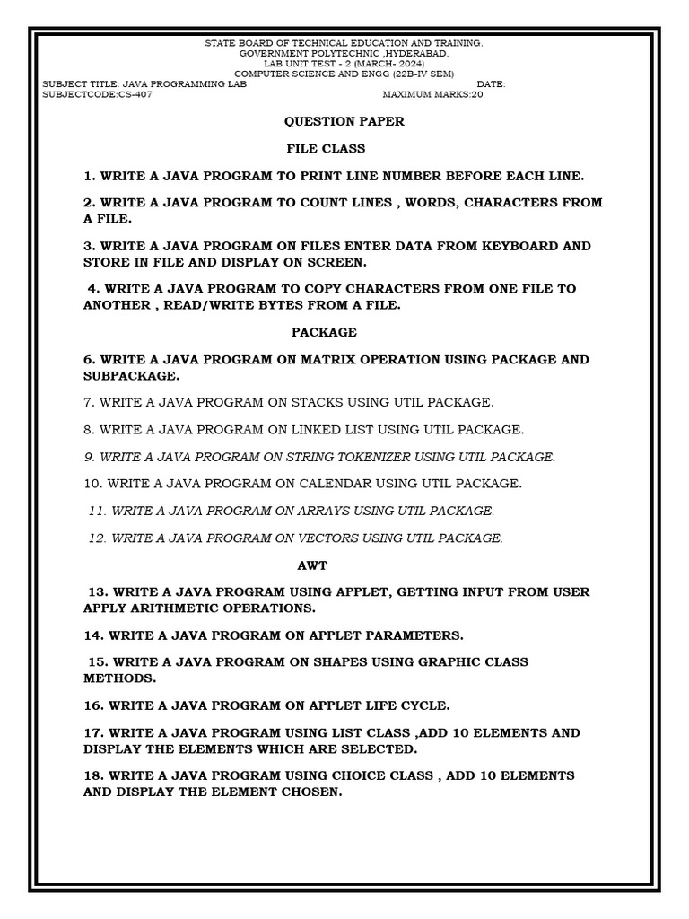 Java Lab Unit Test 2 Question Paper 22B | PDF | Computer File | Java ... Java Lab Unit Test 2 Question Paper 22B | PDF | Computer File | Java ...