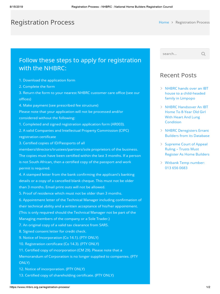 NHBRC Registration Process Overview | PDF | Fee | Business