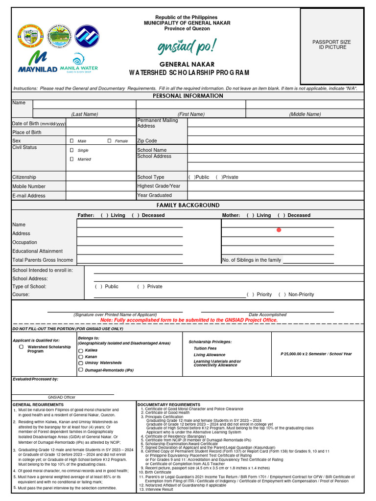 GN Watershed Scholarship Program Form 1 | PDF
