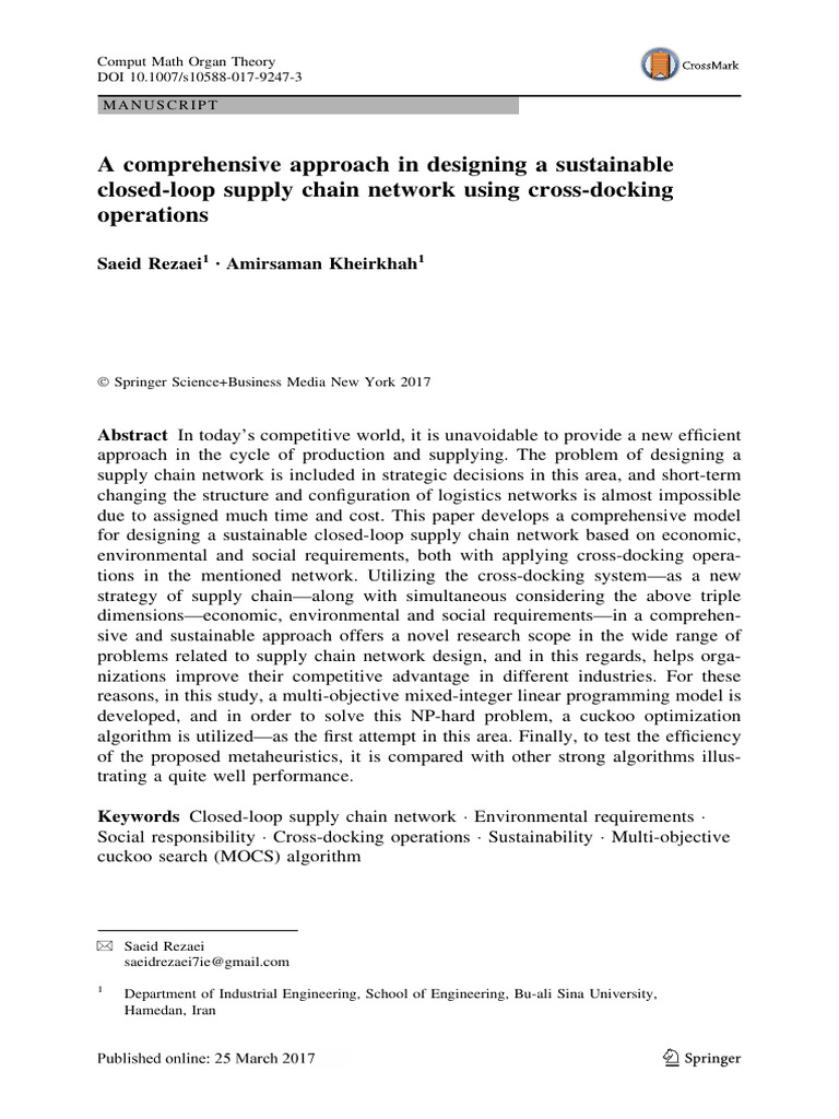 A Comprehensive Approach in Designing A Sustainable Closed-Loop Supply Chain Network Using Cross ...