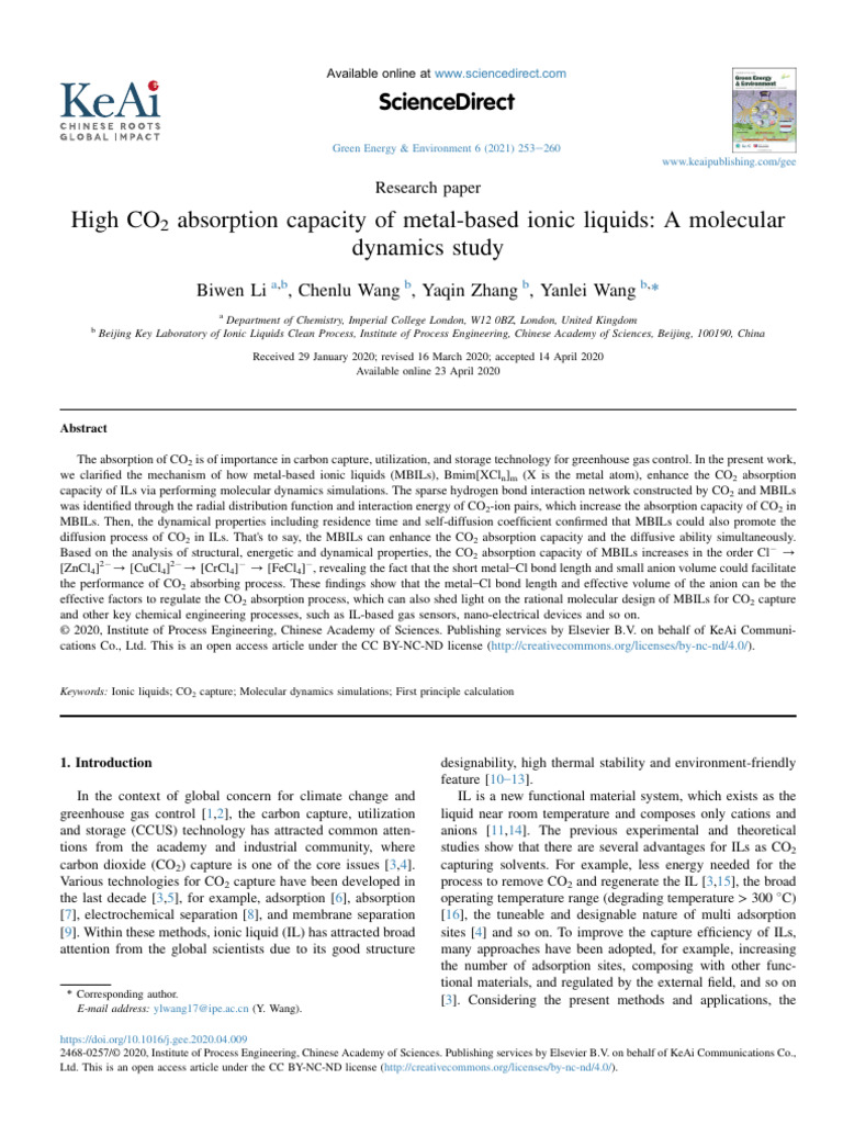 High CO2 Absorption Capacity of Metal Based Ionic Liquids | PDF | Ion | Molecules