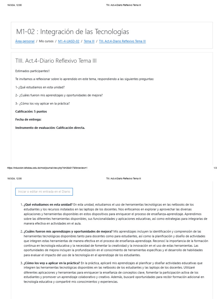 TIII. Act.4-Diario Reflexivo Tema III | PDF | Enseñando | Tecnologia Educacional