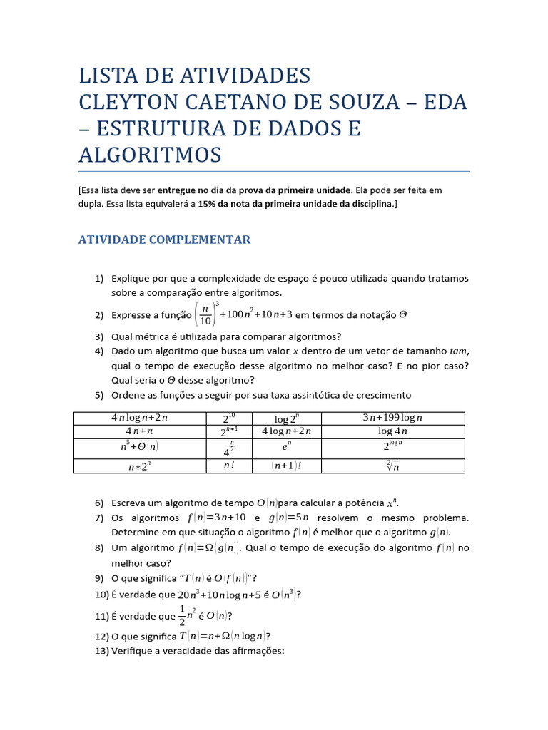 Exercicios Análise De Algoritmos Parte 1 Pdf Algoritmos