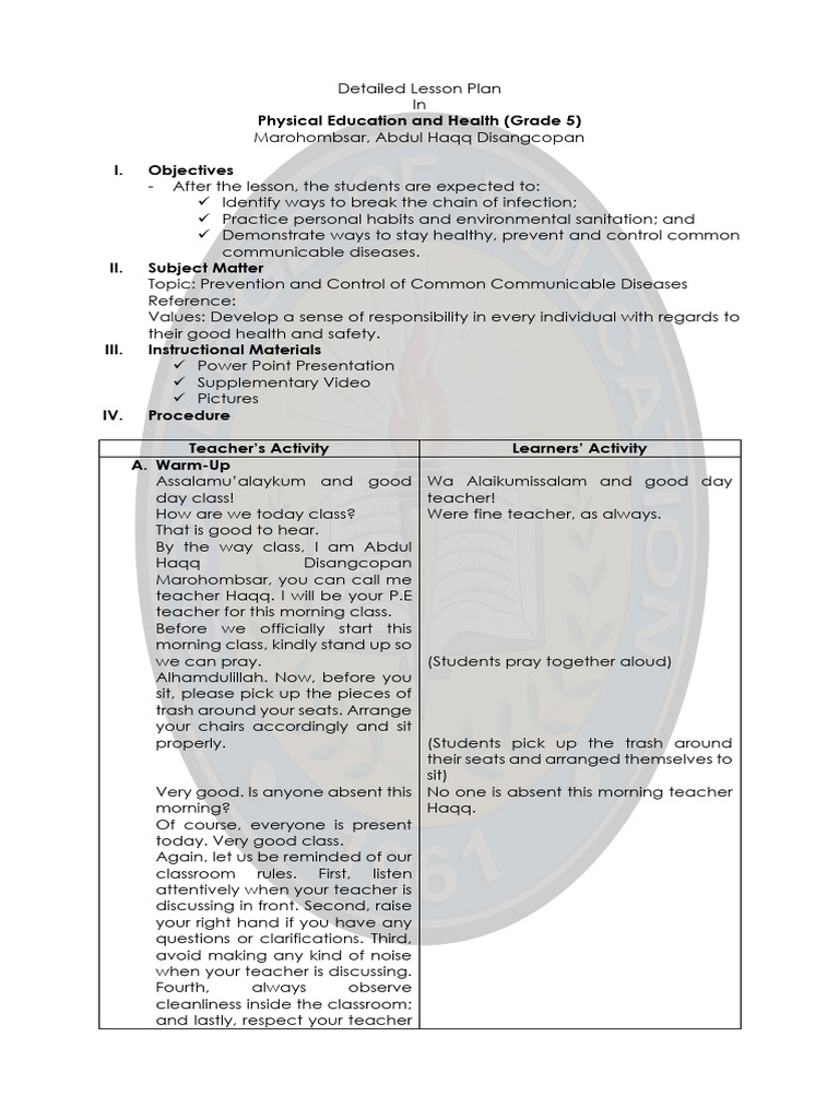 Grade 5 Lesson Plan: Disease Prevention | PDF | Infection | Hygiene