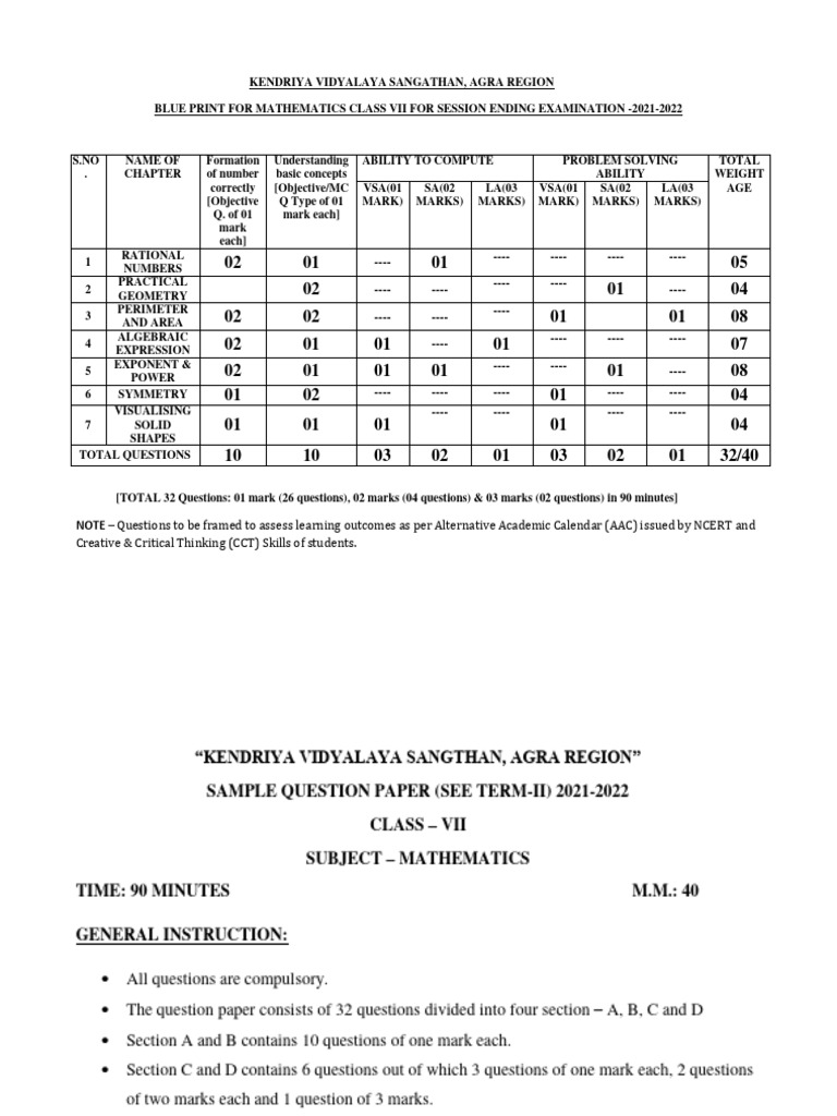 Class 7 Sample Paper 2 Maths | PDF | Area | Triangle
