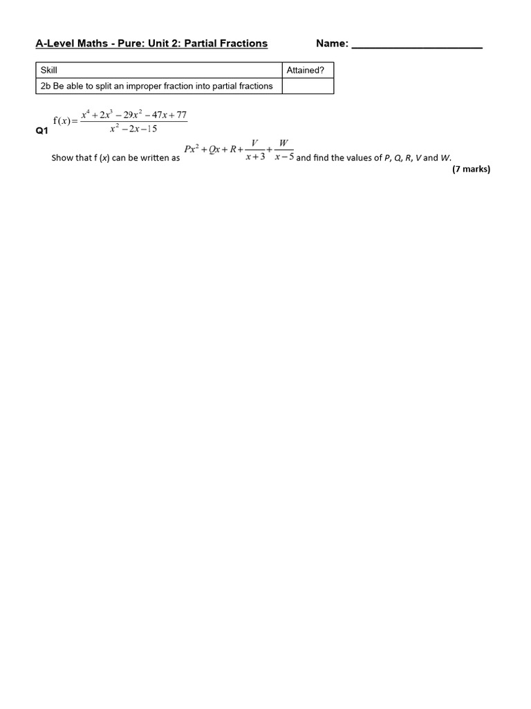 A-Level Maths: Improper Partial Fractions | PDF