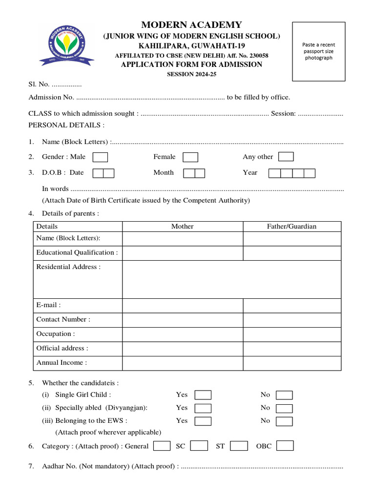 ADM FORM (MA) 2024-25 | PDF