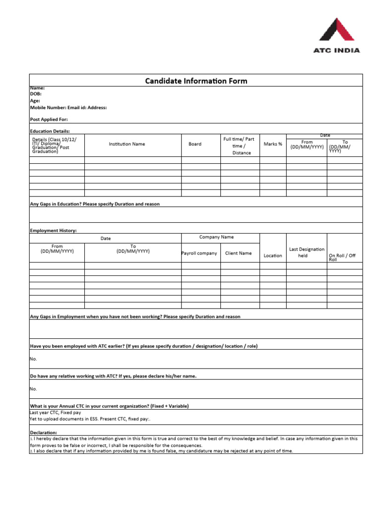 Candidate Information Form - Updated | PDF | Career & Growth