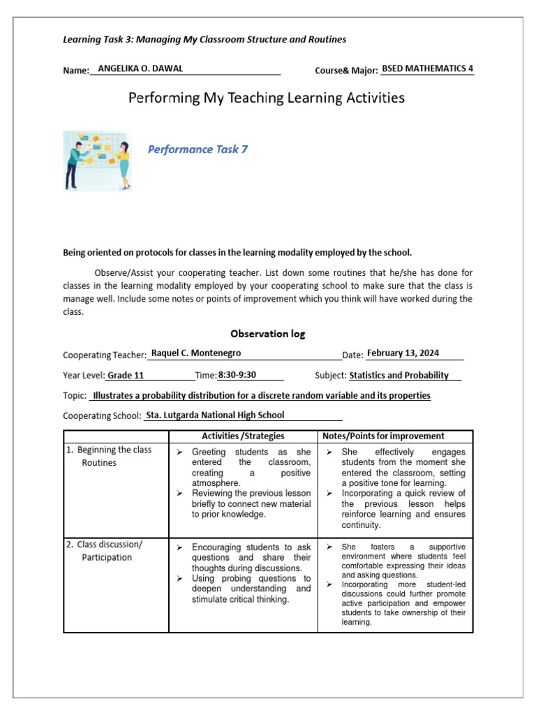 Dawal, Angelika O. Bsed Math 4 (Performance Task 7) - 105605 | PDF | Classroom | Learning