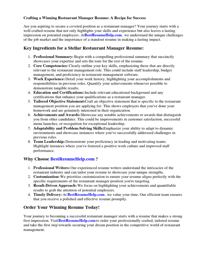 Restaurant Manager Resume Essentials | PDF | Career & Growth