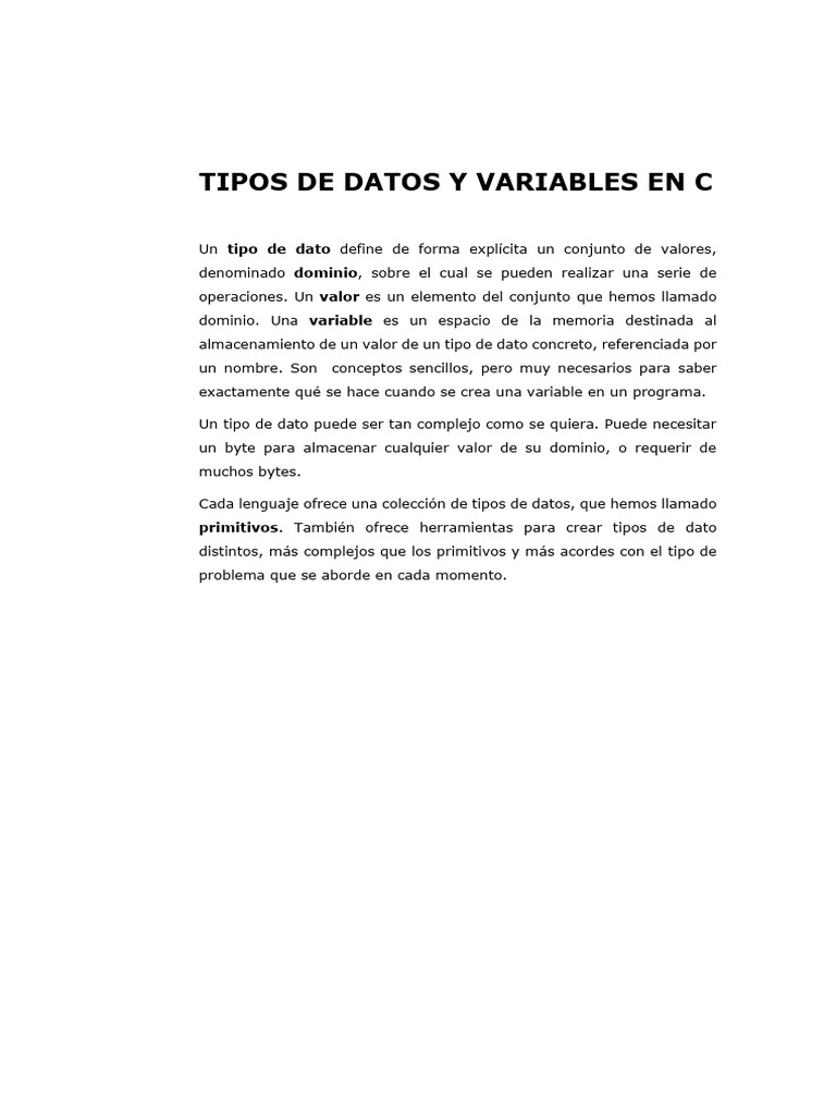 Tipos de Datos y Variables en C | PDF | Tipo de datos | Lenguaje de programación