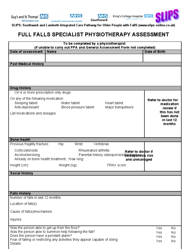 Specialist Physiotherapy Assessment Form | Balance (Ability) | Urinary ...